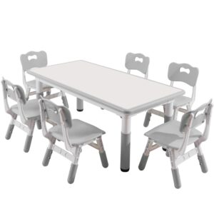 jiaoqiu kids table and chairs, kids table (6 chairs) kids table and chair set, toddler table and chairs, kids table and chair set 5-8 year old with 4 leg covers +12 color pens