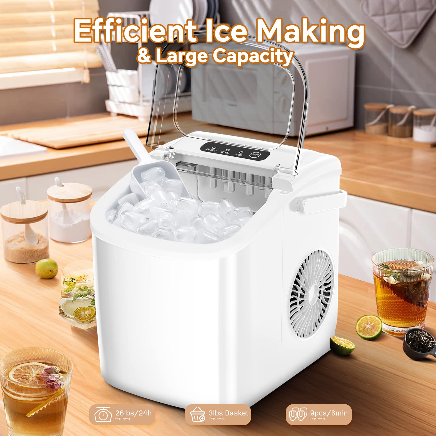 LHRIVER Countertop Ice Maker, 26LBS/24H Portable Compact Ice Maker Machine with Self-Cleaning Function, 9 Ice Cubes Ready in 6 Mins, Ice Maker with Ice Scoop & Basket for Home Kitchen Office,White