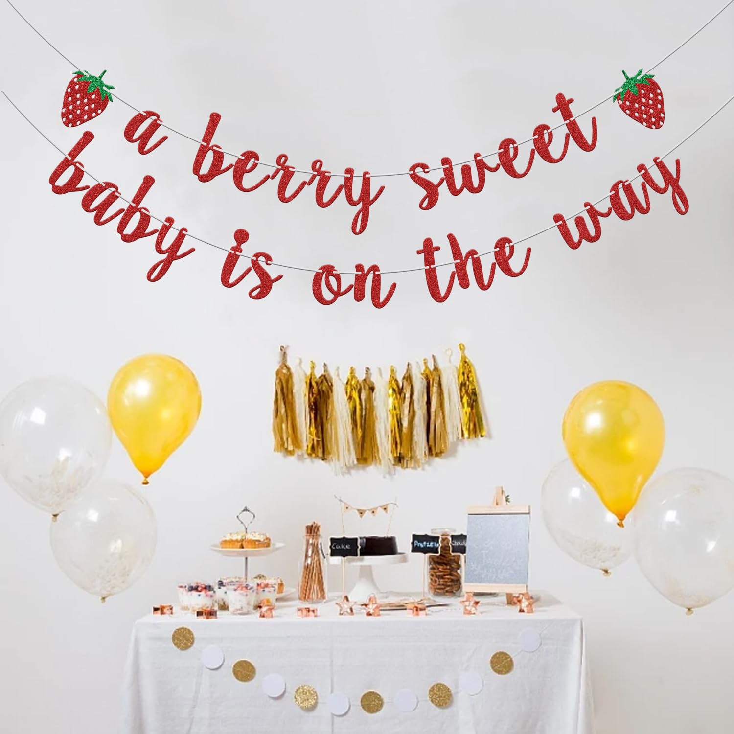 A Berry Sweet Baby is On The Way Banner, Strawberry Girl Baby Shower Party Decorations, Berry Sweet Fruits Themed Kids' First Birthday Party Supplies Red Green Glitter