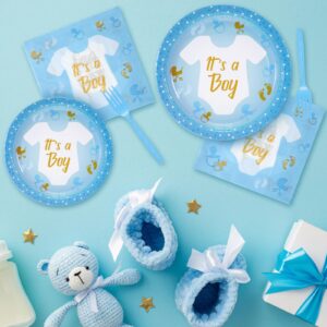 Tanlade 24 Sets Boy Baby Shower Plates and Napkins It's a Boy Plates and Napkins Disposable Baby Shower Party Supplies 48 Paper Plates 24 Forks 50 Napkins for Boys Gender Reveal Birthday