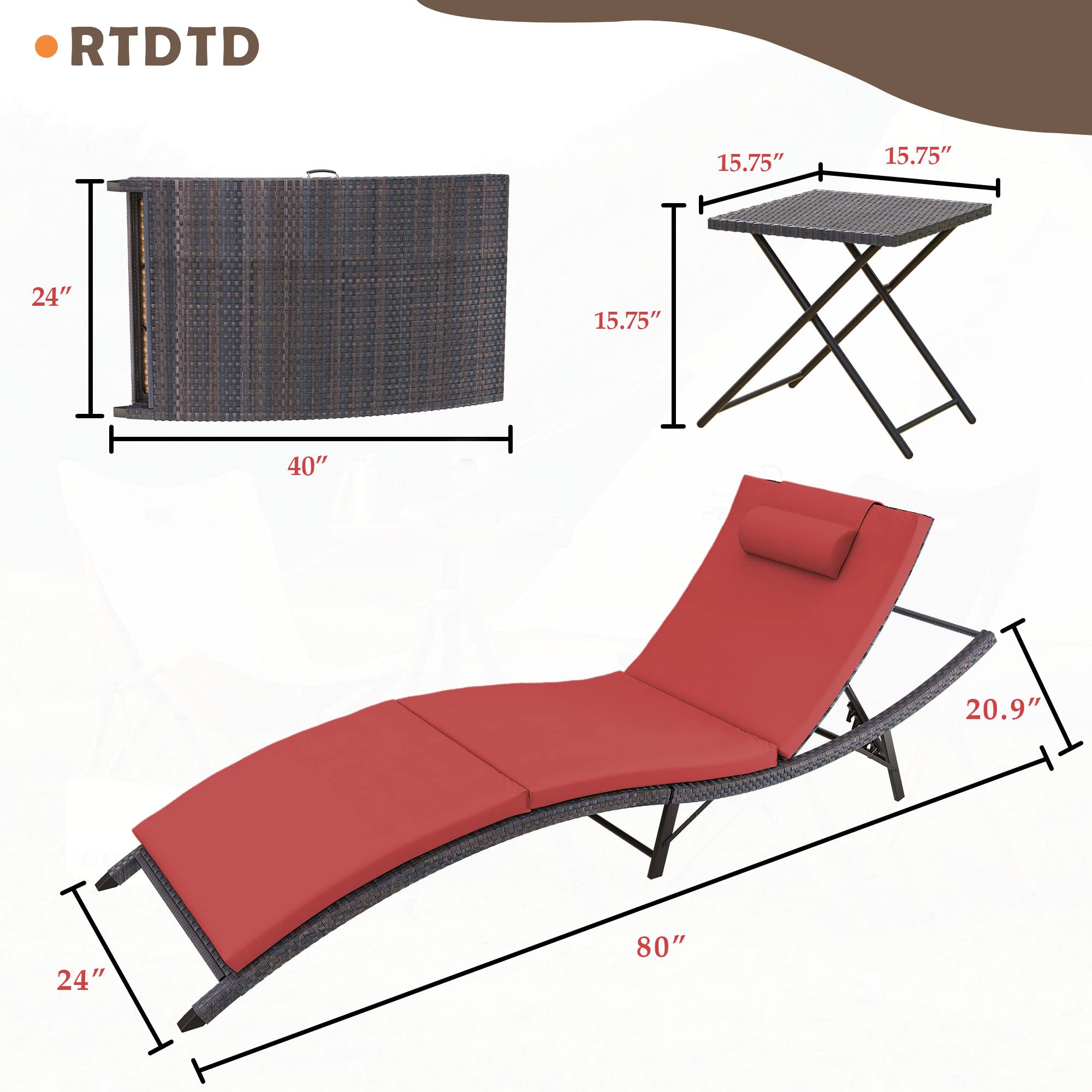 RTDTD 3 Pieces Patio Chaise Lounge Set Outdoor PE Rattan Lounge Chair Adjustable Backrest Reclining Chair with Folding Table and Cushion for Patio Poolside Backyard Porch Beach(Red)