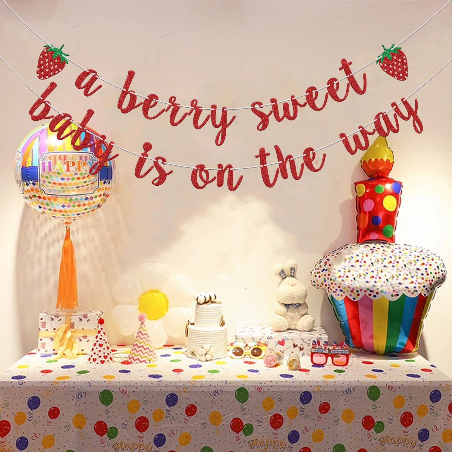 A Berry Sweet Baby is On The Way Banner, Strawberry Girl Baby Shower Party Decorations, Berry Sweet Fruits Themed Kids' First Birthday Party Supplies Red Green Glitter