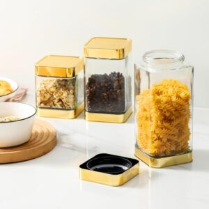 BETTWILL Glass Storage Jars-Large Kitchen Glass Canisters with Airtight Lids -Coffee Pasta Sugar Tea Snack Nuts Cookie Flour Food Container - Set of 3-Gold Color.