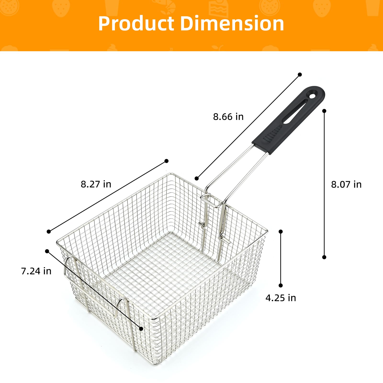 Delizon Electric Fryer Basket for Frying Serving Food, with Rubber Handle Grip, 7.2" x 8.3" x 4.3" Heavy Duty Construction Suitable for fry chicken, fish, french fries