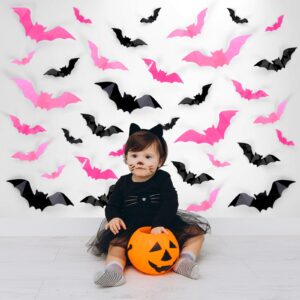 whaline 112pcs halloween wall decoration 3d bats with foam adhesive black pink rose red waterproof spooky bats stickers hocus pocus party supplies for halloween home wall window door decor, 4 sizes