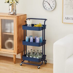 TUKAILAi 3-Tier Rolling Storage Cart with Lockable Wheels and Ergonomic Handle, Slide Out Utility Shelving Unit Organizer Serving Trolley Clearing for Kitchen Bathroom Laundry Bedroom (Dark Blue)