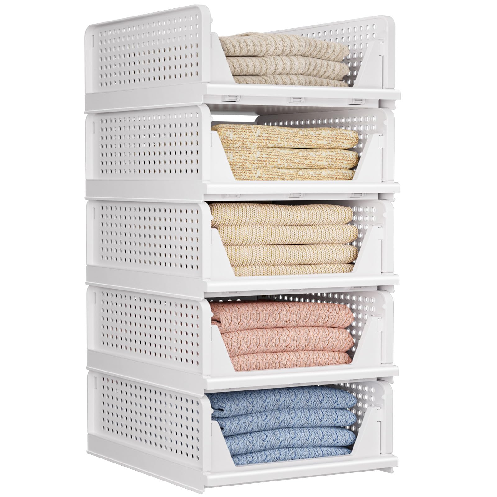 5 Pack Folding Closet Organizers Storage Box, Stackable Storage Bins, Plastic Drawer Basket Closet Storage for Wardrobe Cupboard Kitchen Bathroom Office White-5L