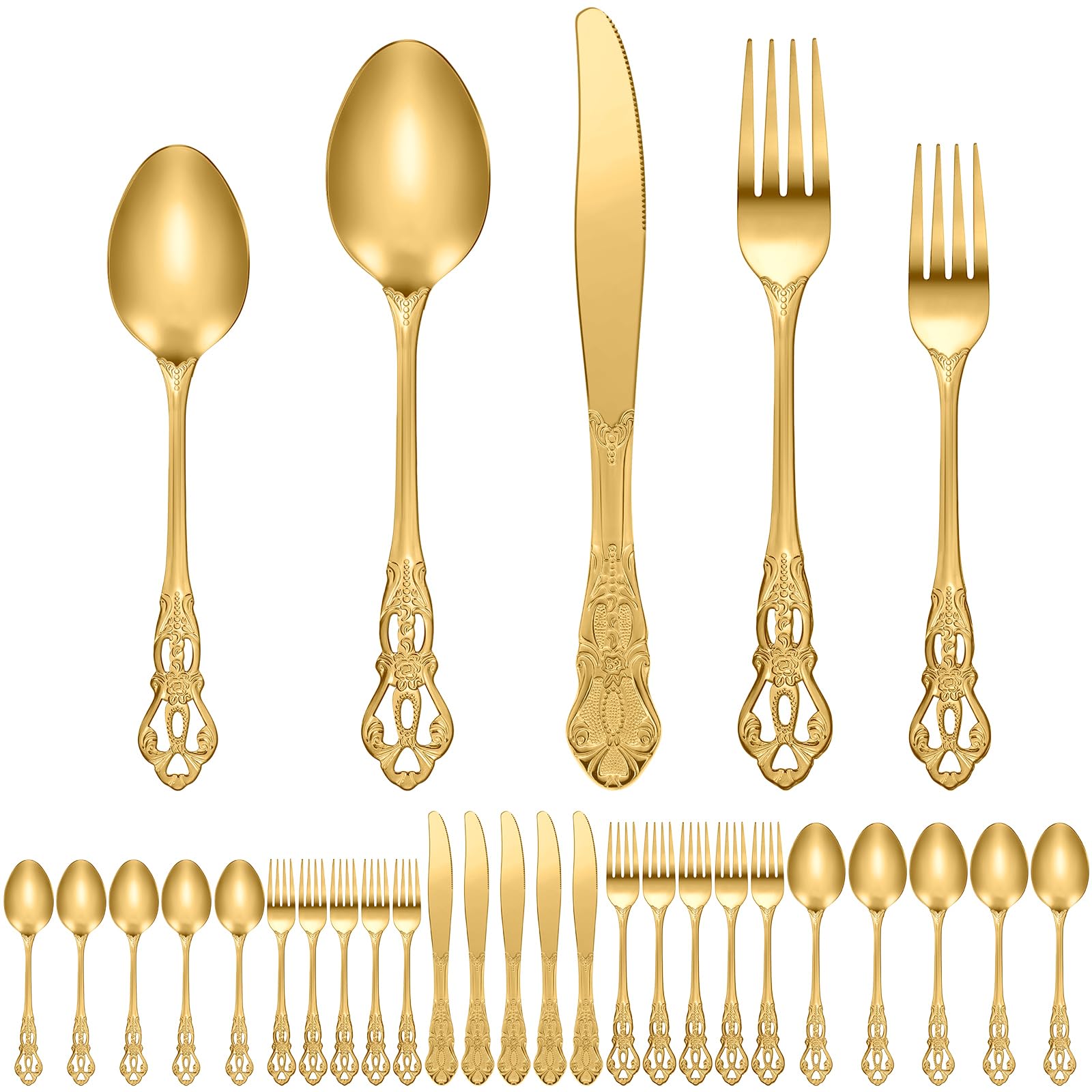 Dandat 30 Pcs Retro Silverware Set Stainless Steel Flatware Set Anti Rust Utensils Set Mirror Polished Cutlery Include Spoon Fork Knife for Dinnerware Wedding Birthday Party Favor (Gold)