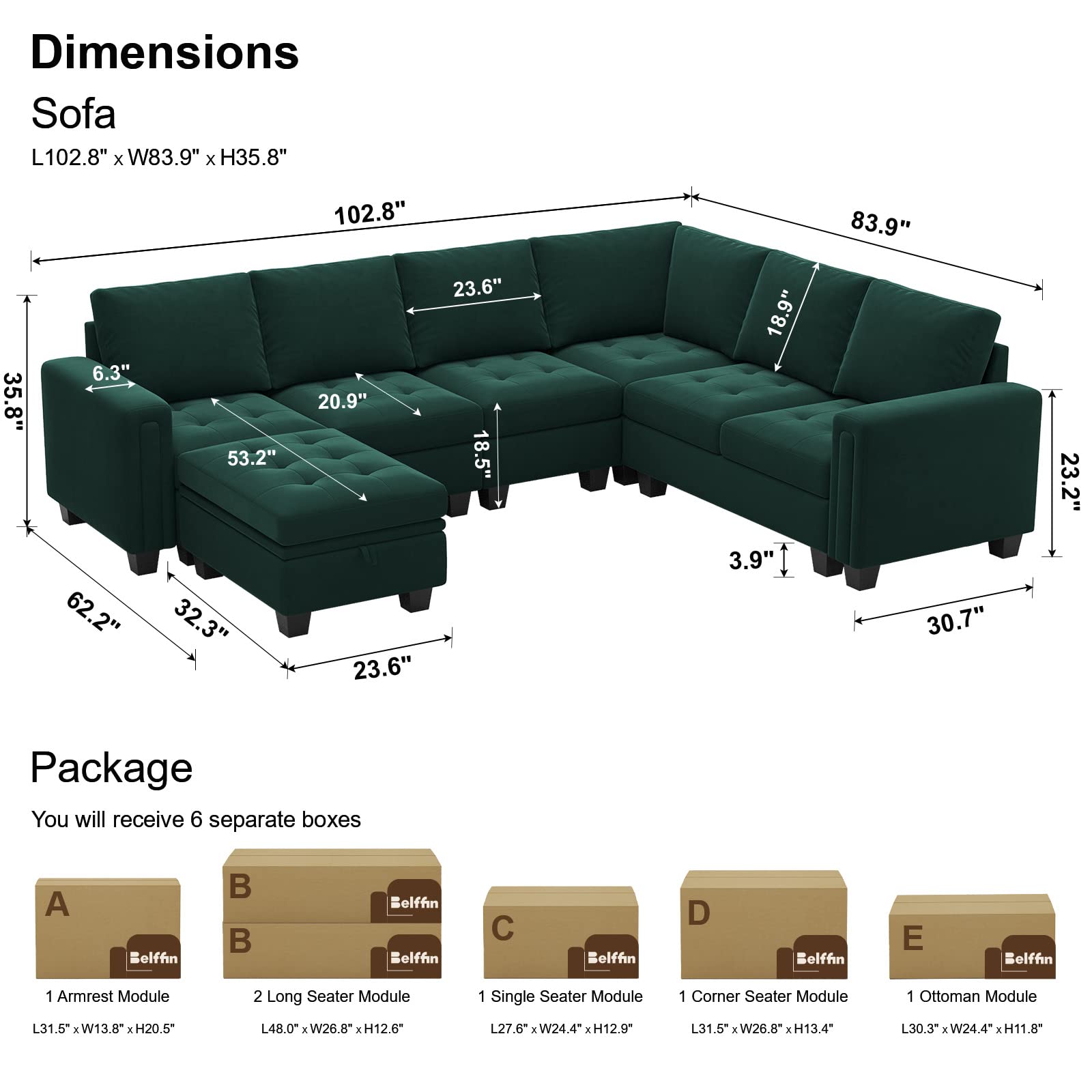 Belffin Velvet Modular Sectional Sofa with Storage Ottoman 6 Seater L Shaped Sectional Modular Sofa Couch with Reversible Chaise Convertible Corner Sectional Couch Green,