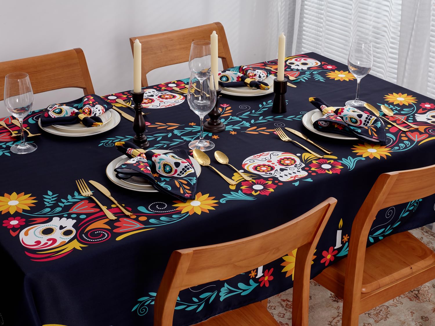 YiHomer Day of The Dead Halloween Tabletop - Dia De Los Muertos Floral Skeleton Mask, Cinco De Mayo Mexican Fiesta Party Home Kitchen Dining Room Decor, Sugar Skull, Tablecloth, 52 x 52 Square