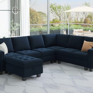 Belffin Velvet Modular Sectional Sofa with Storage Ottoman 6 Seater L Shaped Sectional Modular Sofa Couch with Reversible Chaise Convertible Corner Sectional Couch Blue