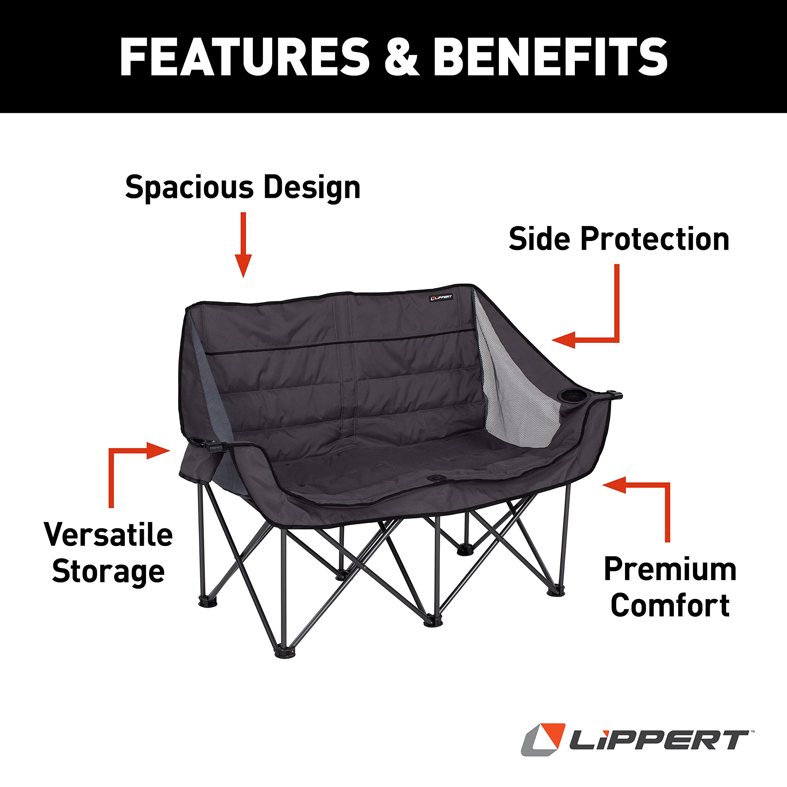 Lippert Folding Padded loveseat for Camping with Carry Bag Dark Grey