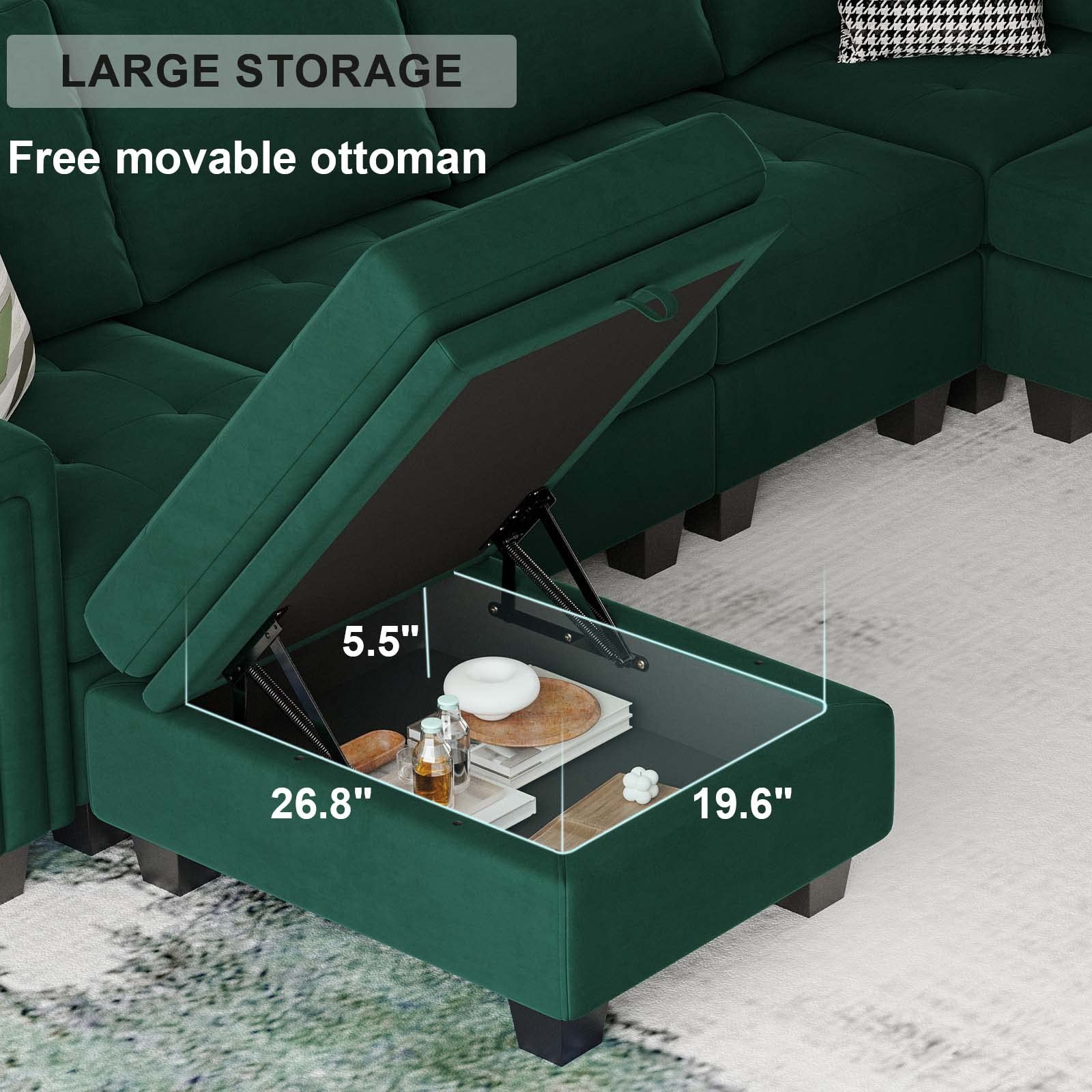 Belffin Velvet Modular Sectional Sofa with Storage Ottoman 6 Seater L Shaped Sectional Modular Sofa Couch with Reversible Chaise Convertible Corner Sectional Couch Green,