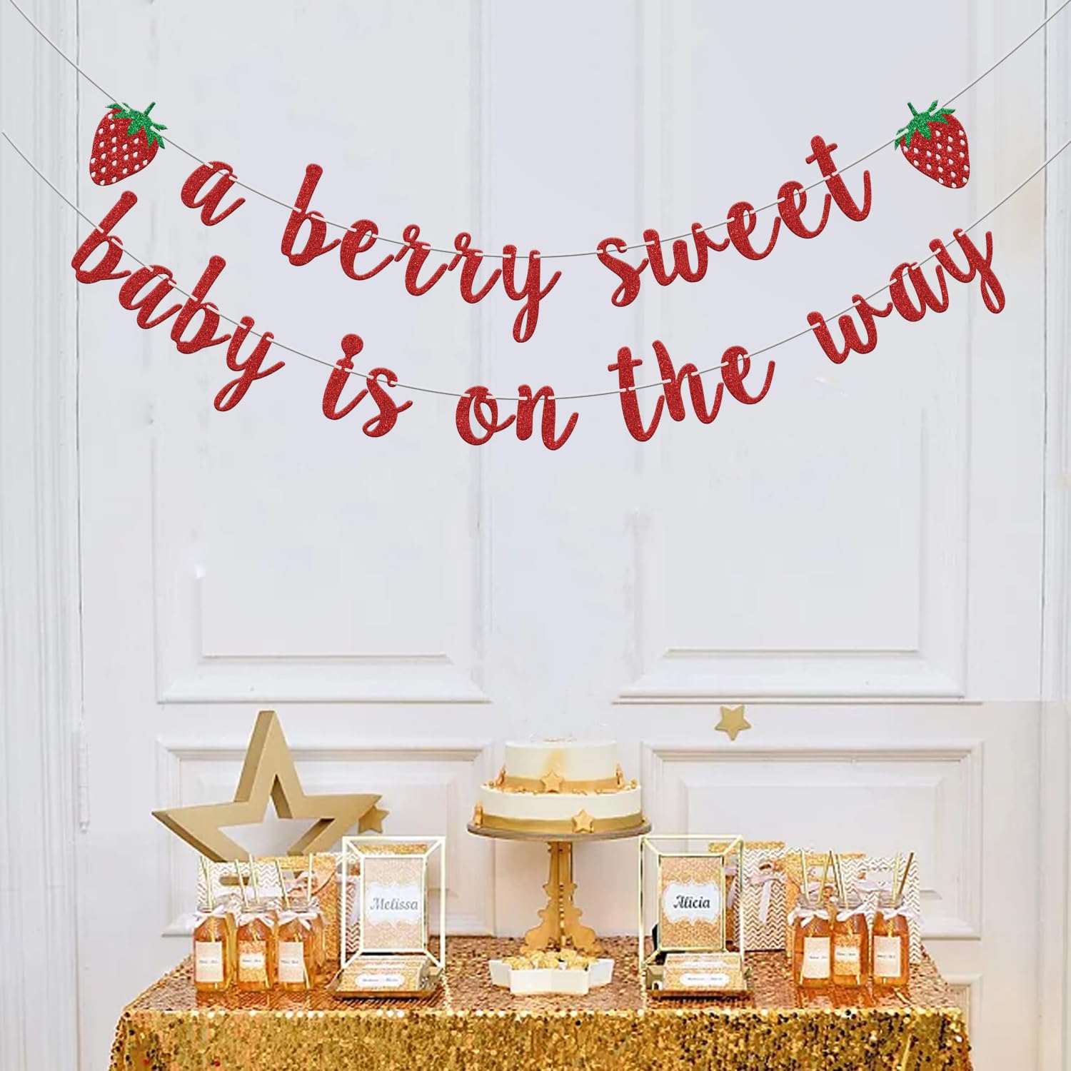 A Berry Sweet Baby is On The Way Banner, Strawberry Girl Baby Shower Party Decorations, Berry Sweet Fruits Themed Kids' First Birthday Party Supplies Red Green Glitter