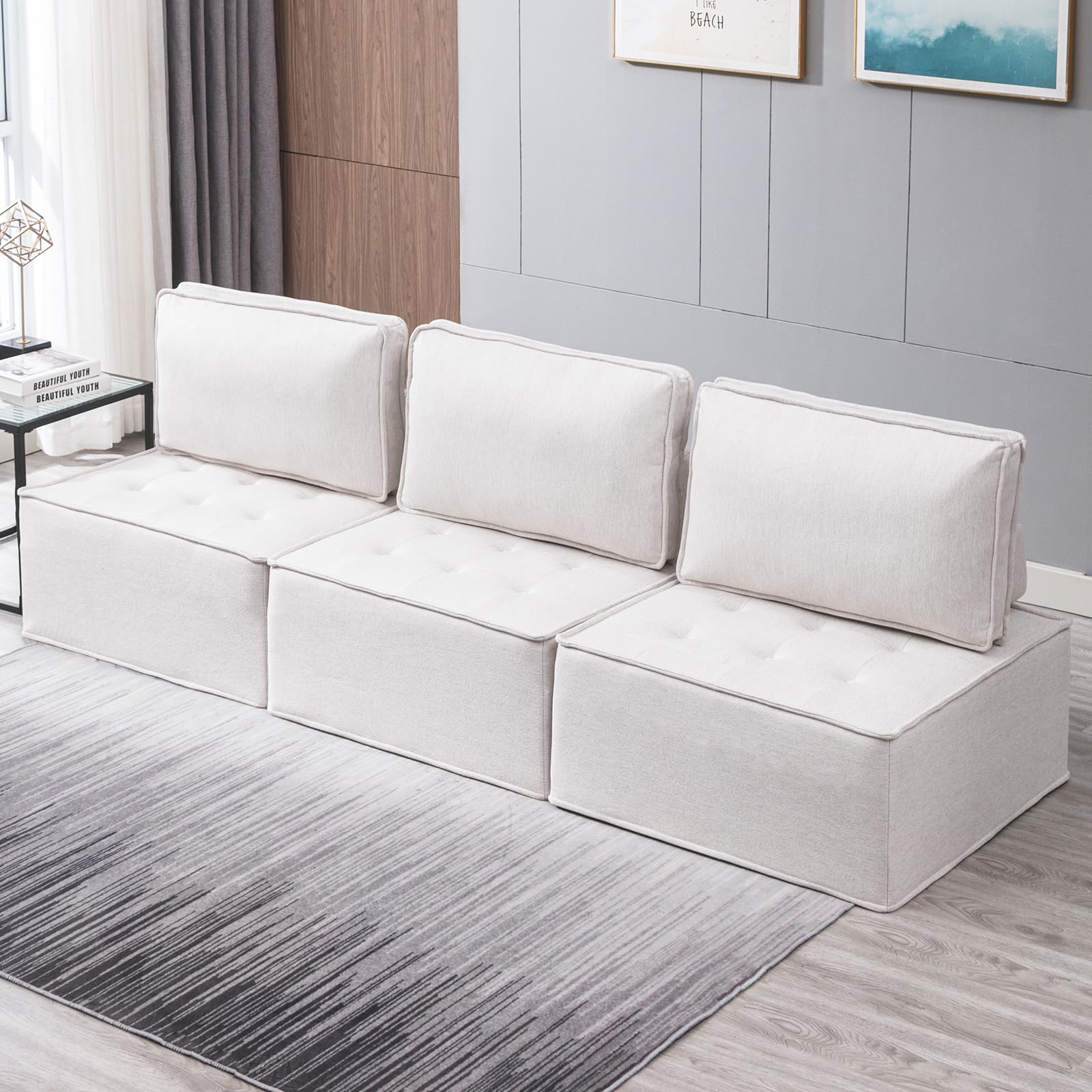 BALUS Modular 3 Seater Sofa Couch, Modern Sectional Sofa Couch, Armless Floor Sofa Couch, Soft Fabric Sofa Bed for Bedroom, Living Room and Sturdy Room, Free Combination, 3 PCS, Beige