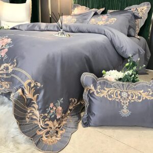 4 Pieces Duvet Cover Set European style light luxury 60S cotton embroidery Bedding Sets 1 Duvet Cover 2 Pillow Shams 1 fitted sheet Twin Double Queen King ( Color : Silver Grey , Size : 200x230cm-180x