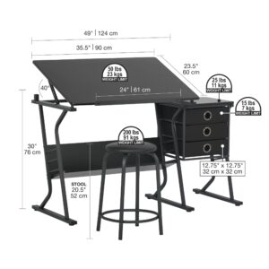 SD Studio Designs 2 Piece Eclipse Ultra Center/Drawing Table with Stool, Angle Adjustable Top, Storage Shelves, and Drawers