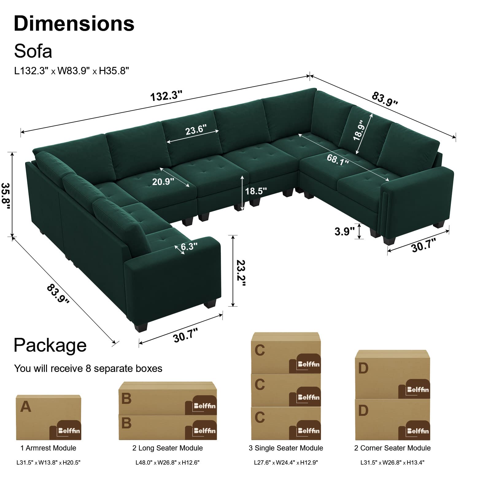 Belffin Oversized Velvet Modular 9 Seater U-Shape Sectional Sofa Set with Chaise Convertible sectional Sofa Couch Set Modular Couch Corner U Shaped Sectoional Sofa Green