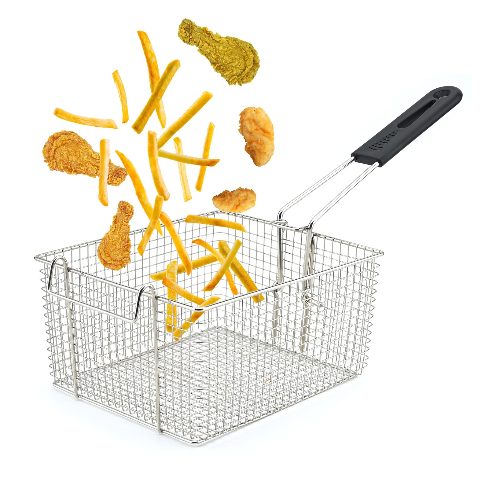 Delizon Electric Fryer Basket for Frying Serving Food, with Rubber Handle Grip, 7.2" x 8.3" x 4.3" Heavy Duty Construction Suitable for fry chicken, fish, french fries