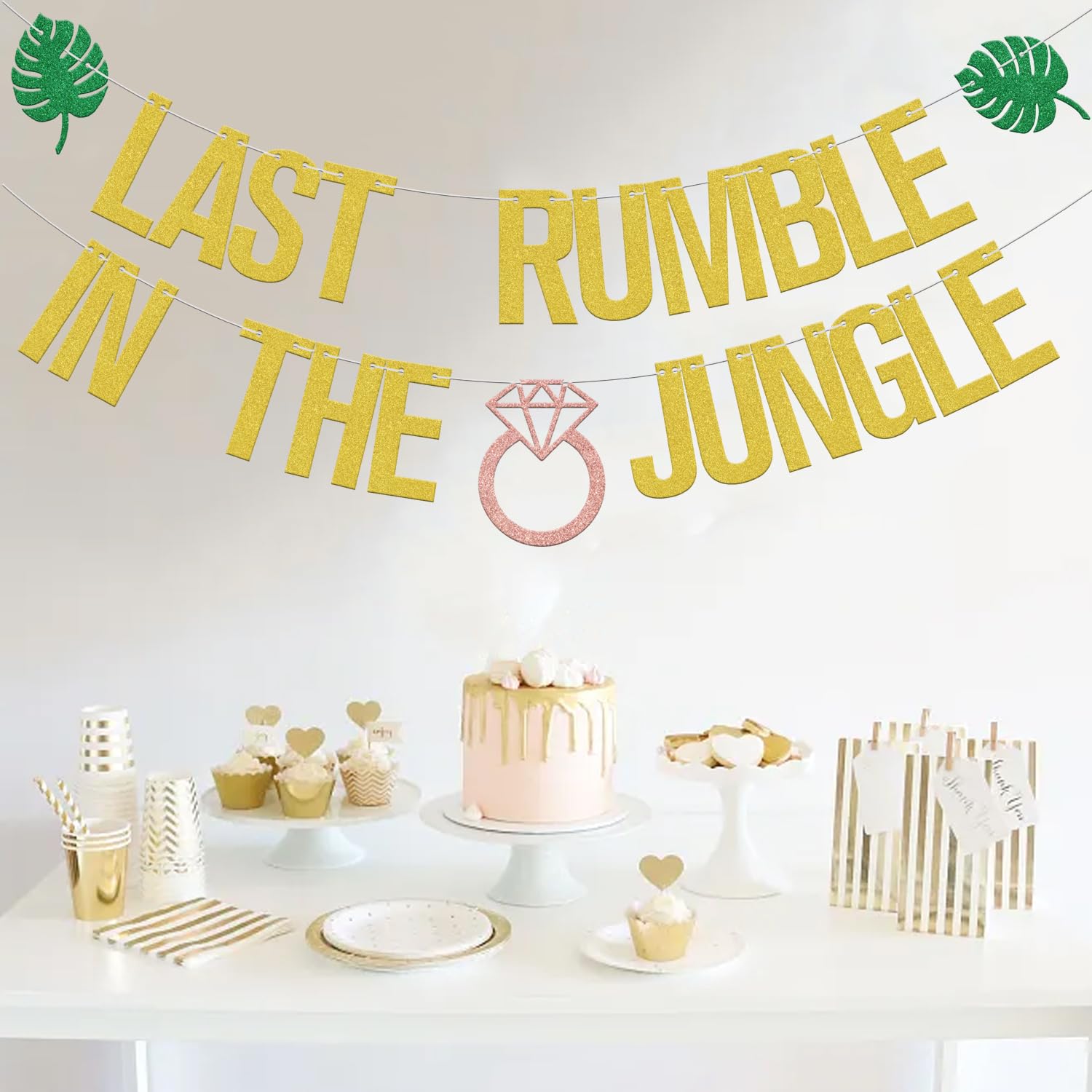 Last Rumble Banner, Jungle Bachelorette Decorations, Let's Get Wild Banner, Tropical Jungle Theme Bridal Shower Party Decors Supplies Gold & Green Glitter