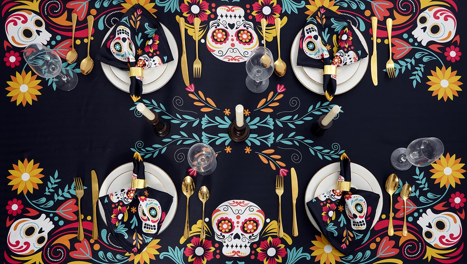 YiHomer Day of The Dead Halloween Tabletop - Dia De Los Muertos Floral Skeleton Mask, Cinco De Mayo Mexican Fiesta Party Home Kitchen Dining Room Decor, Sugar Skull, Tablecloth, 52 x 52 Square