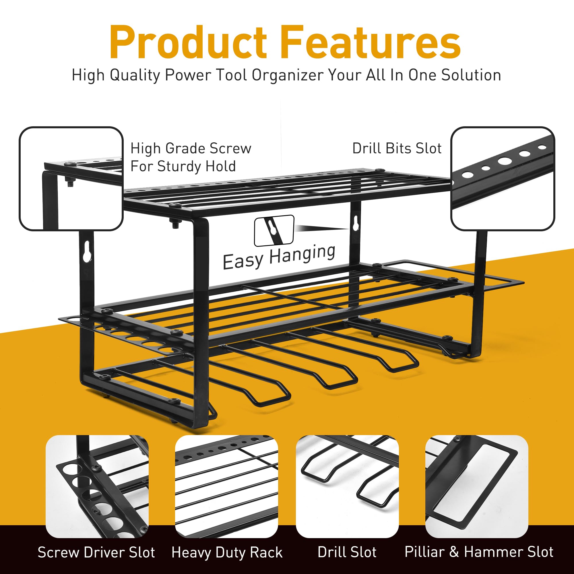 MoDinzo Power Tool Organizer, Alloy Steel Tool Storage Rack, Wall Mounted, 3 Layer Floating Shelf, 4 Drill Slots, Black