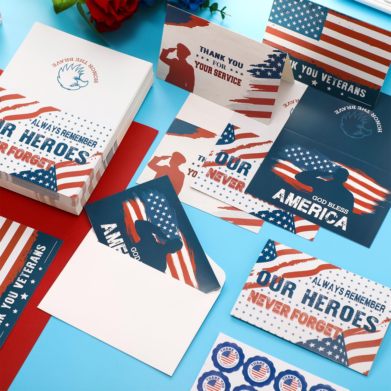 Seajan 200 Pcs Patriotic Thank You Cards with Envelopes, Blue White Red, American Flag Patterns, Ideal for Veterans Day, Memorial Party, Sticker Included