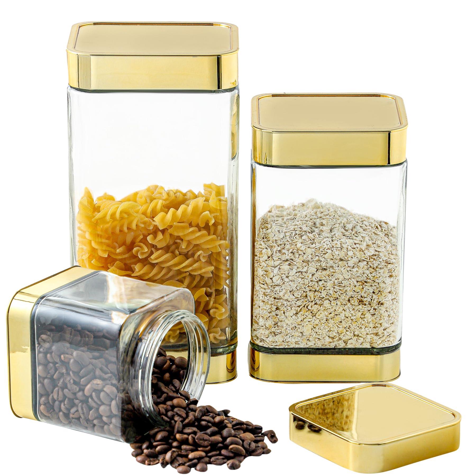 BETTWILL Glass Storage Jars-Large Kitchen Glass Canisters with Airtight Lids -Coffee Pasta Sugar Tea Snack Nuts Cookie Flour Food Container - Set of 3-Gold Color.