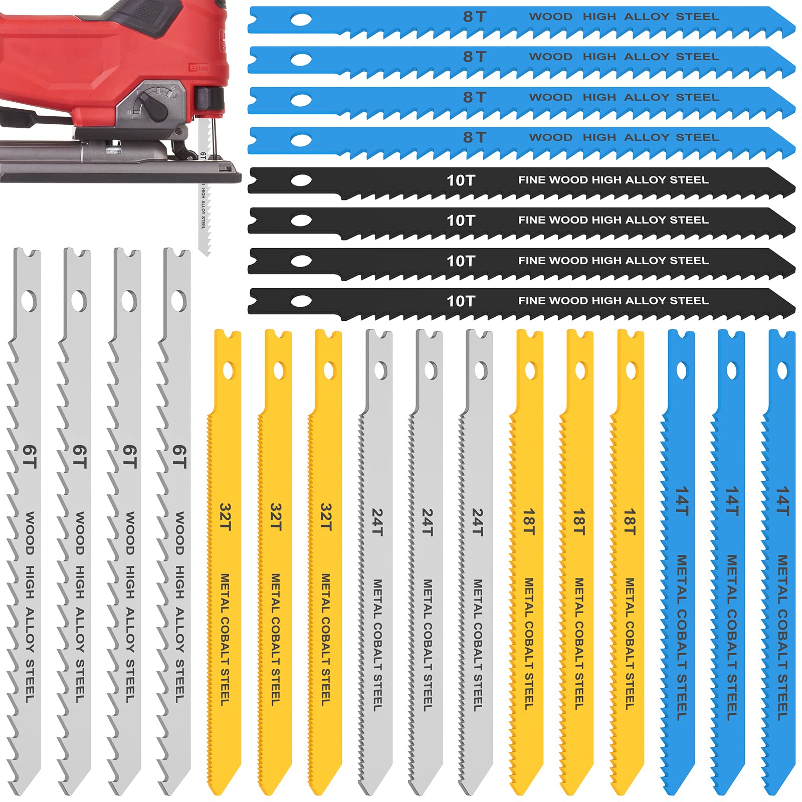 24PCS U-Shank Jig Saw Blade Set, Jigsaw Blades Set for Wood Plastic Metal Cutting, HCS/HSS Jig Saw Blades Fit Most U Shank Jigsaws