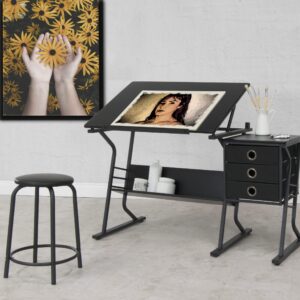 SD Studio Designs 2 Piece Eclipse Ultra Center/Drawing Table with Stool, Angle Adjustable Top, Storage Shelves, and Drawers