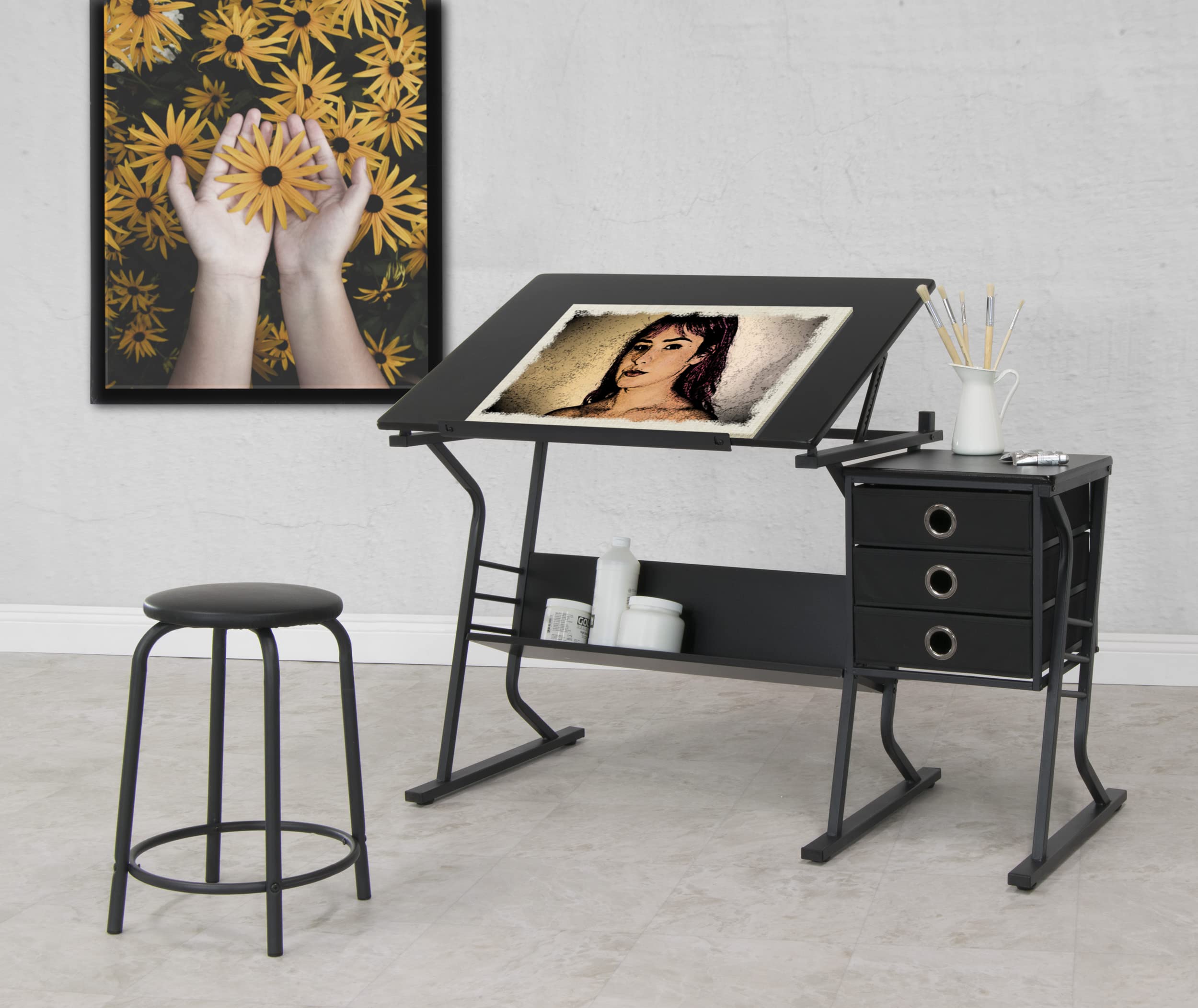 SD Studio Designs 2 Piece Eclipse Ultra Center/Drawing Table with Stool, Angle Adjustable Top, Storage Shelves, and Drawers