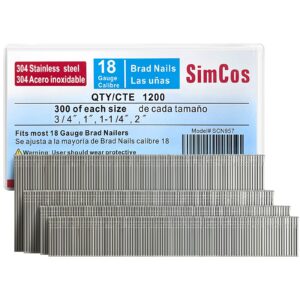 simcos 18 gauge 304 stainless steel brad nails (2",1-1/4" 1", 3/4"), assorted 1200 counts for 18 ga pneumatic or electric brad nailer or brad nail gun,project pack