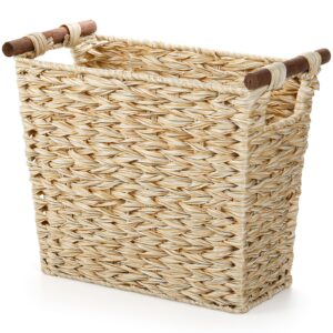 pumtus woven waste basket, plastic wicker trash can with wooden handles, rectangular storage basket garbage container bin for bathroom, office, kitchen, home, laundry, utility room, garage