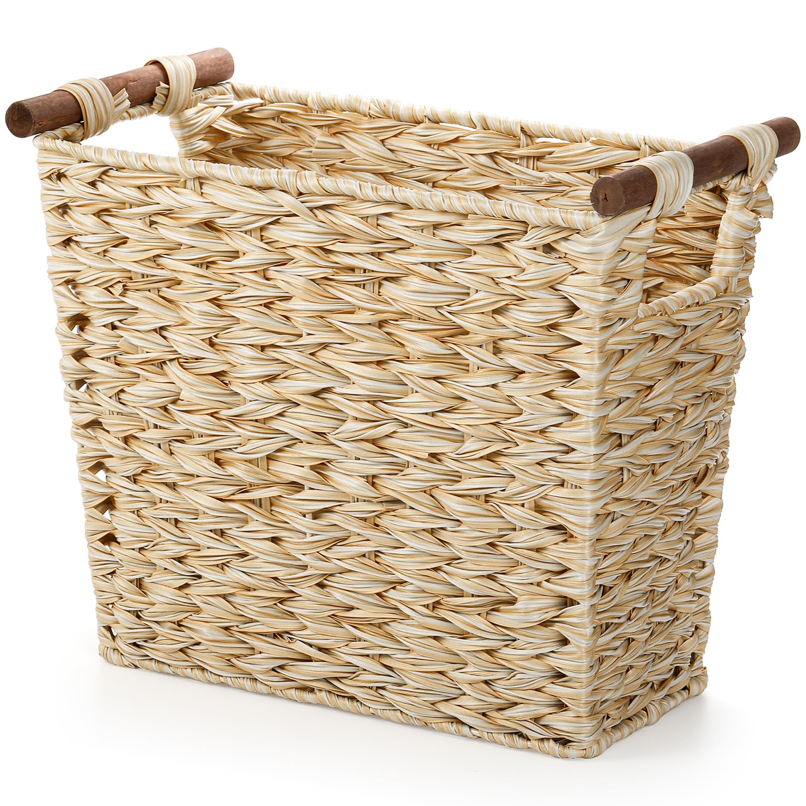 Pumtus Woven Waste Basket, Plastic Wicker Trash Can with Wooden Handles, Rectangular Storage Basket Garbage Container Bin for Bathroom, Office, Kitchen, Home, Laundry, Utility Room, Garage