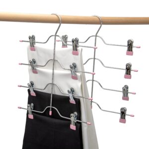 Solid Metal Skirt Hangers 4 Tier Pants Shorts Hangers Space Saving Hangers with Adjustable Clips Non Slip Grip for Slacks, Trousers, Shorts, Jeans, Towels, Pink, (2 Pieces) HL04P