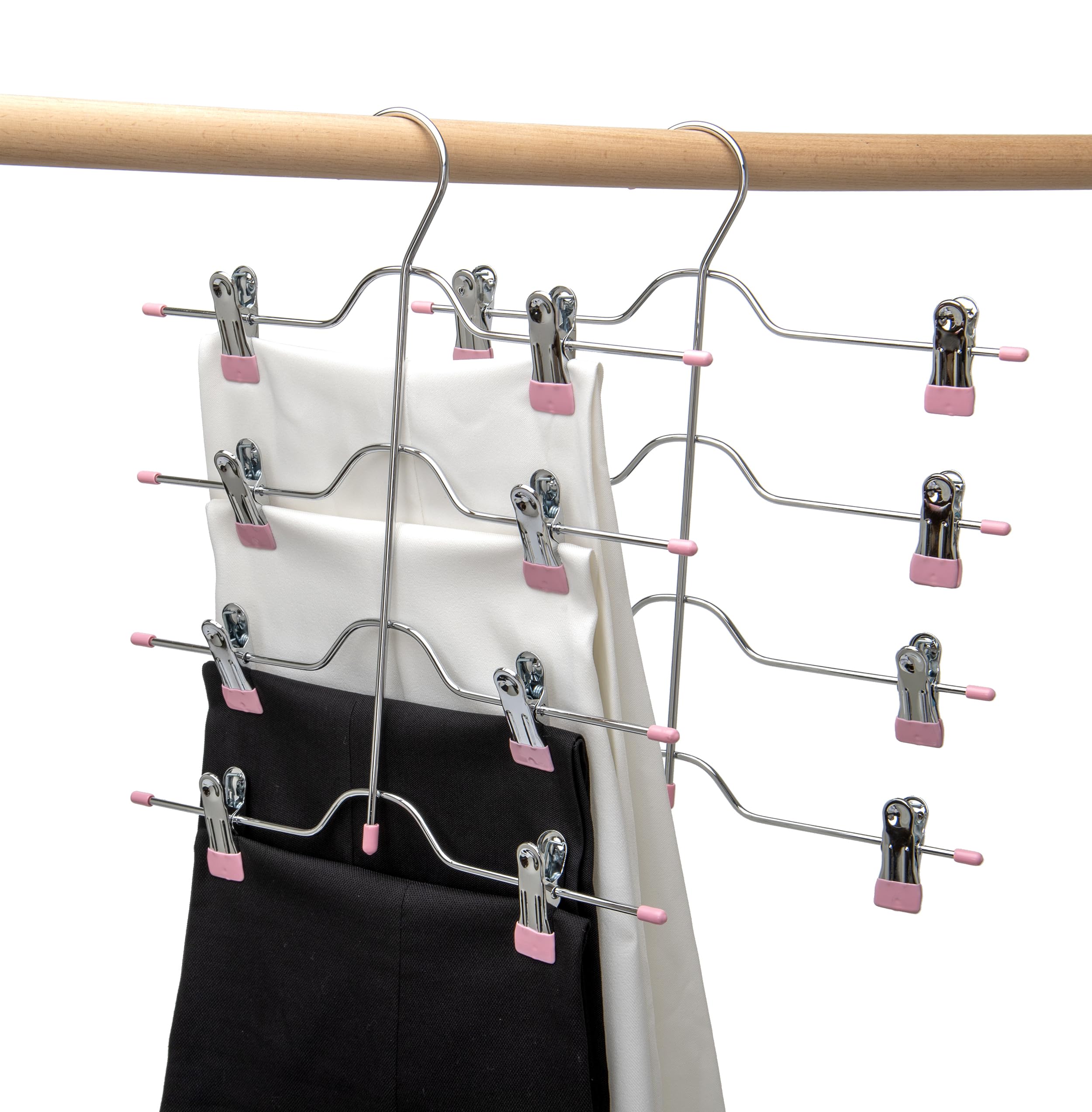 Solid Metal Skirt Hangers 4 Tier Pants Shorts Hangers Space Saving Hangers with Adjustable Clips Non Slip Grip for Slacks, Trousers, Shorts, Jeans, Towels, Pink, (2 Pieces) HL04P