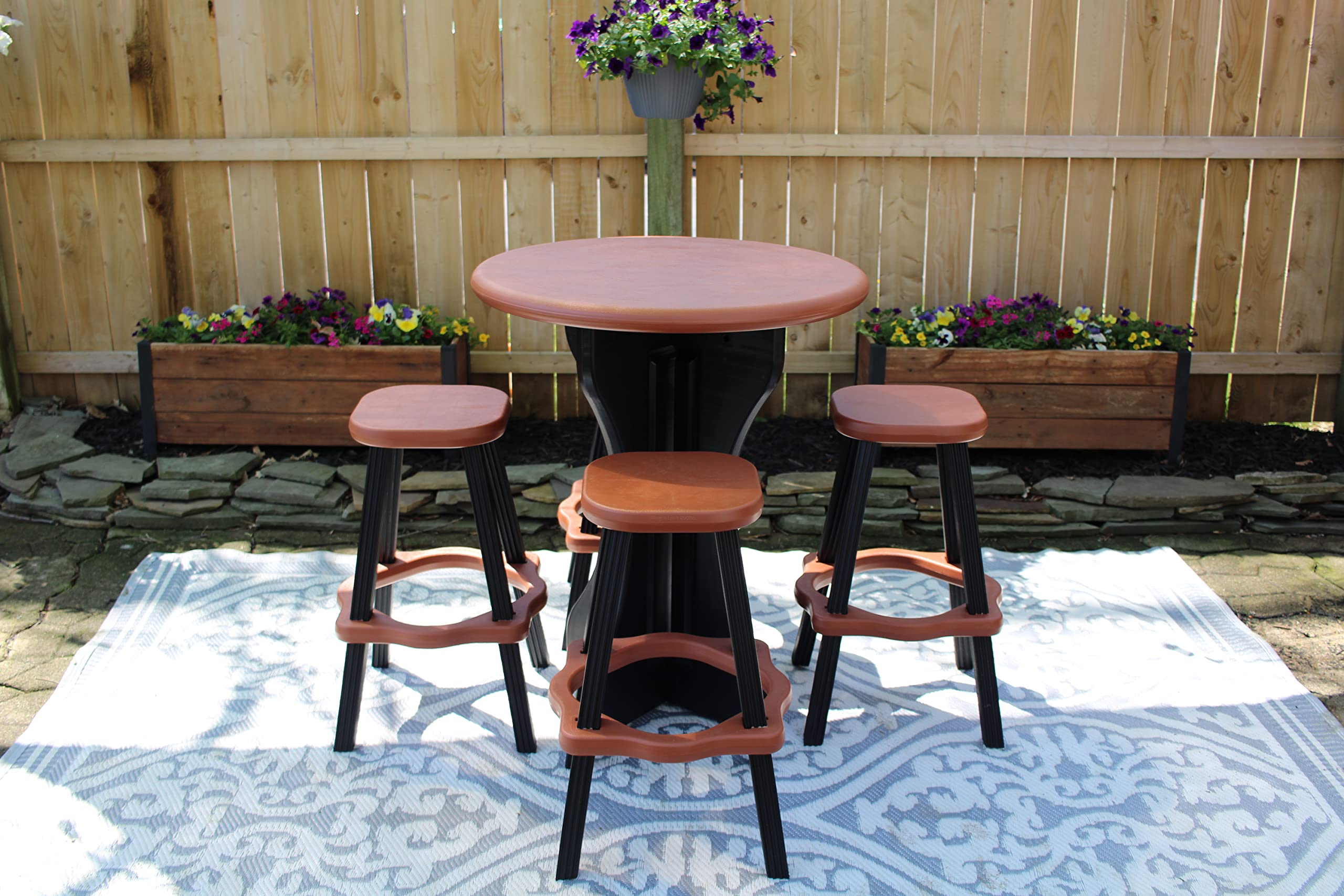 Leisure Accents Patio Table Set with Four Barstools - Black Base with Redwood Accents - Perfect for Patio and Outdoor Spaces. Hardware Free Easy Assembly. Proudly Made in USA