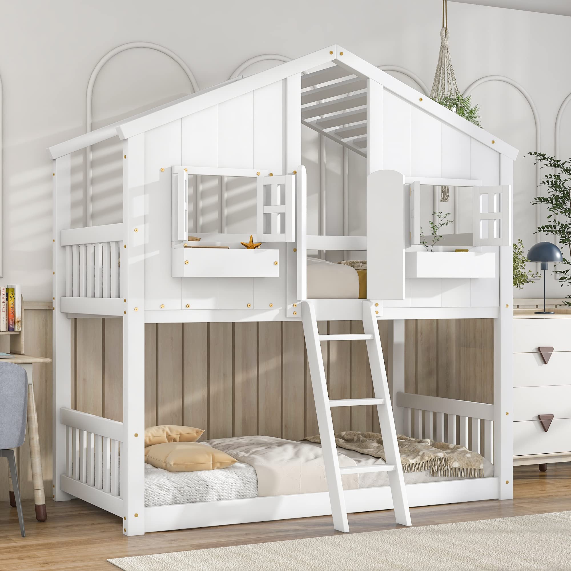 House Bunk Beds Twin Over Twin Bunk Bed Frame with Ladder, Kids Playhouse Bunk Bed with Roof, Window, Door, Floor Bunked Frame for Boys Girls Teens, White