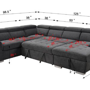 THSUPER 125'' U Shaped Sectional Sleeper Sofa with Pull Out Bed, Storage Chaise Lounge, and Adjustable Headrest, U Shaped Sectional Couches for Living Room - Dark Grey