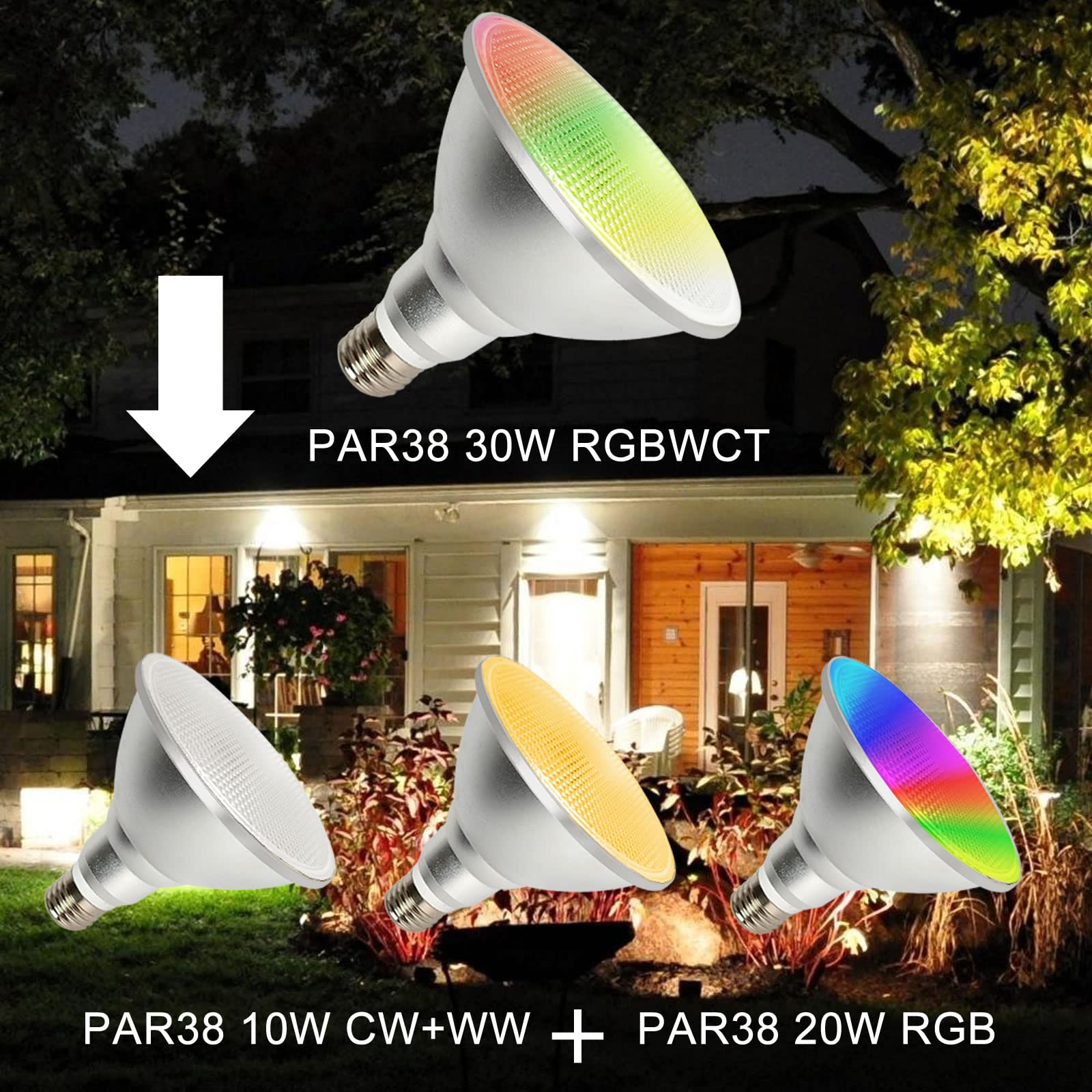 CGELAP 2 Pack,PAR38 RGBW LED Bulbs,30WRGB+Warm+Cool White(2700K-6500K), LED Flood Light,Indoor/Outdoor,IR Remote Control, Timing,Waterproof Lawn Lamp for Home Courtyard Christmas Party Decoration