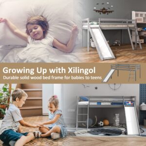 Xilingol Low Loft Bed with Slide, Wood Twin Bed Frame with Climbing Ladder for Toddler Kids, Grey