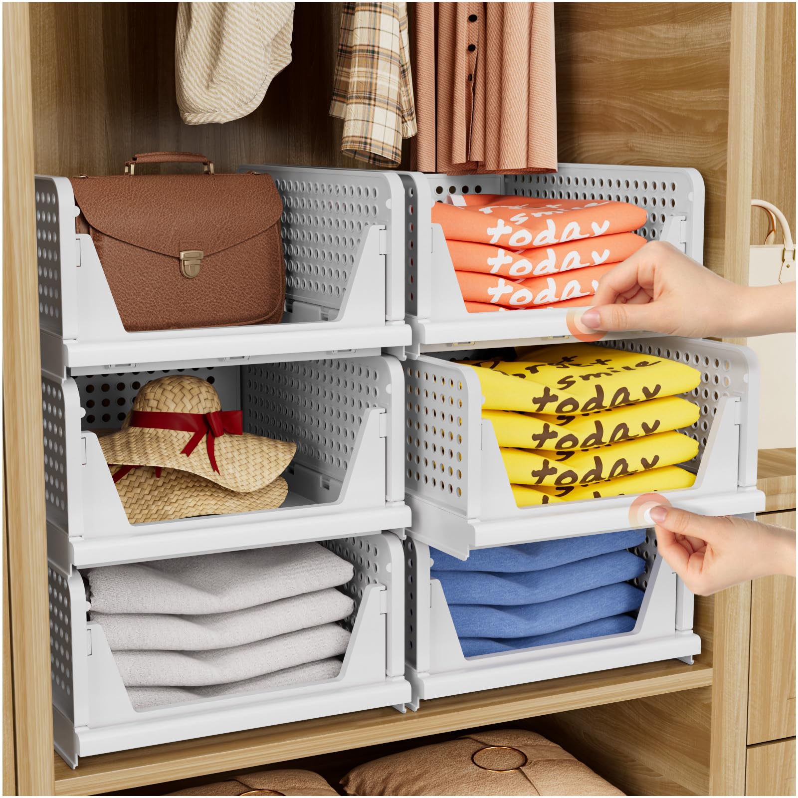 5 Pack Folding Closet Organizers Storage Box, Stackable Storage Bins, Plastic Drawer Basket Closet Storage for Wardrobe Cupboard Kitchen Bathroom Office White-5L