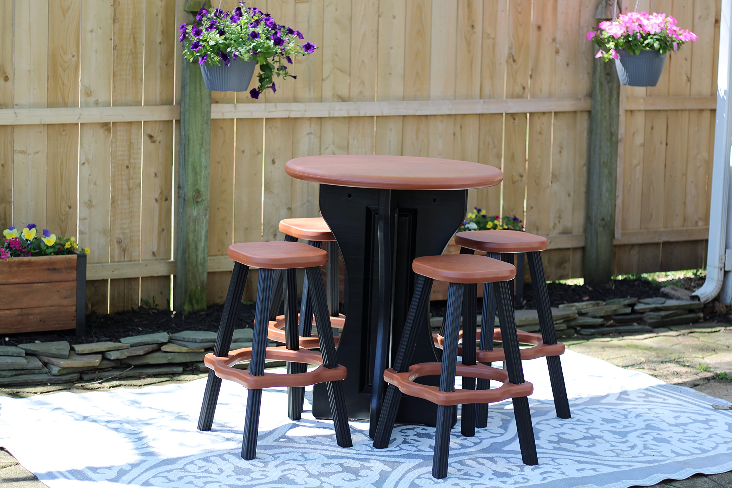 Leisure Accents Patio Table Set with Four Barstools - Black Base with Redwood Accents - Perfect for Patio and Outdoor Spaces. Hardware Free Easy Assembly. Proudly Made in USA