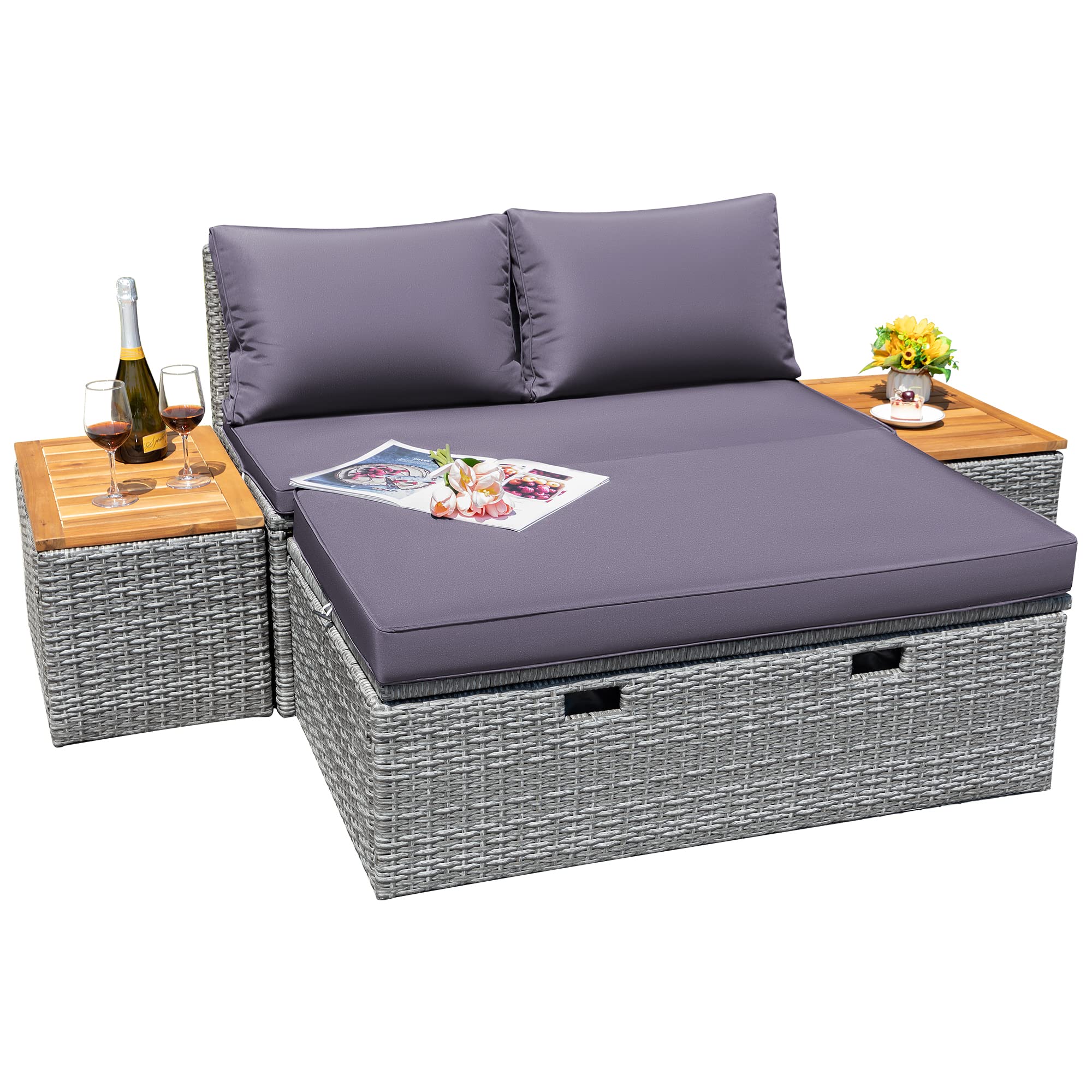 Greesum Patio Furniture Set Multifunctional Outdoor Sectional Sofa Rattan Chaise Lounge Wicker Daybed with Couch, Cushions, Storage Ottoman and 2 Side Tables for Backyard Porch Poolside Lawn, Gray