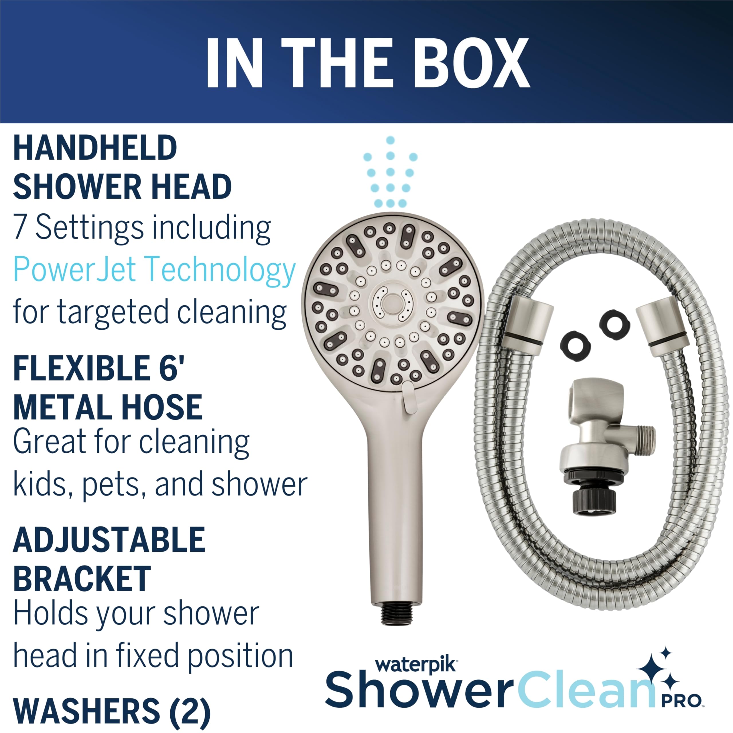 Waterpik ShowerClean Pro Hand Held Shower Head High Pressure Rinser With Built-in Power Jet -Wash, Shower -Cleaner In Brushed Nickel, QCM-769ME