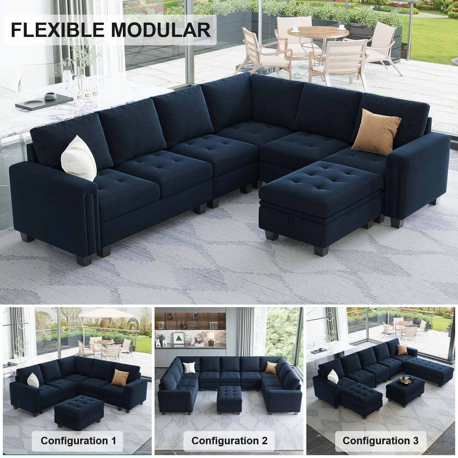 Belffin Velvet Modular Sectional Sofa with Storage Ottoman 6 Seater L Shaped Sectional Modular Sofa Couch with Reversible Chaise Convertible Corner Sectional Couch Blue