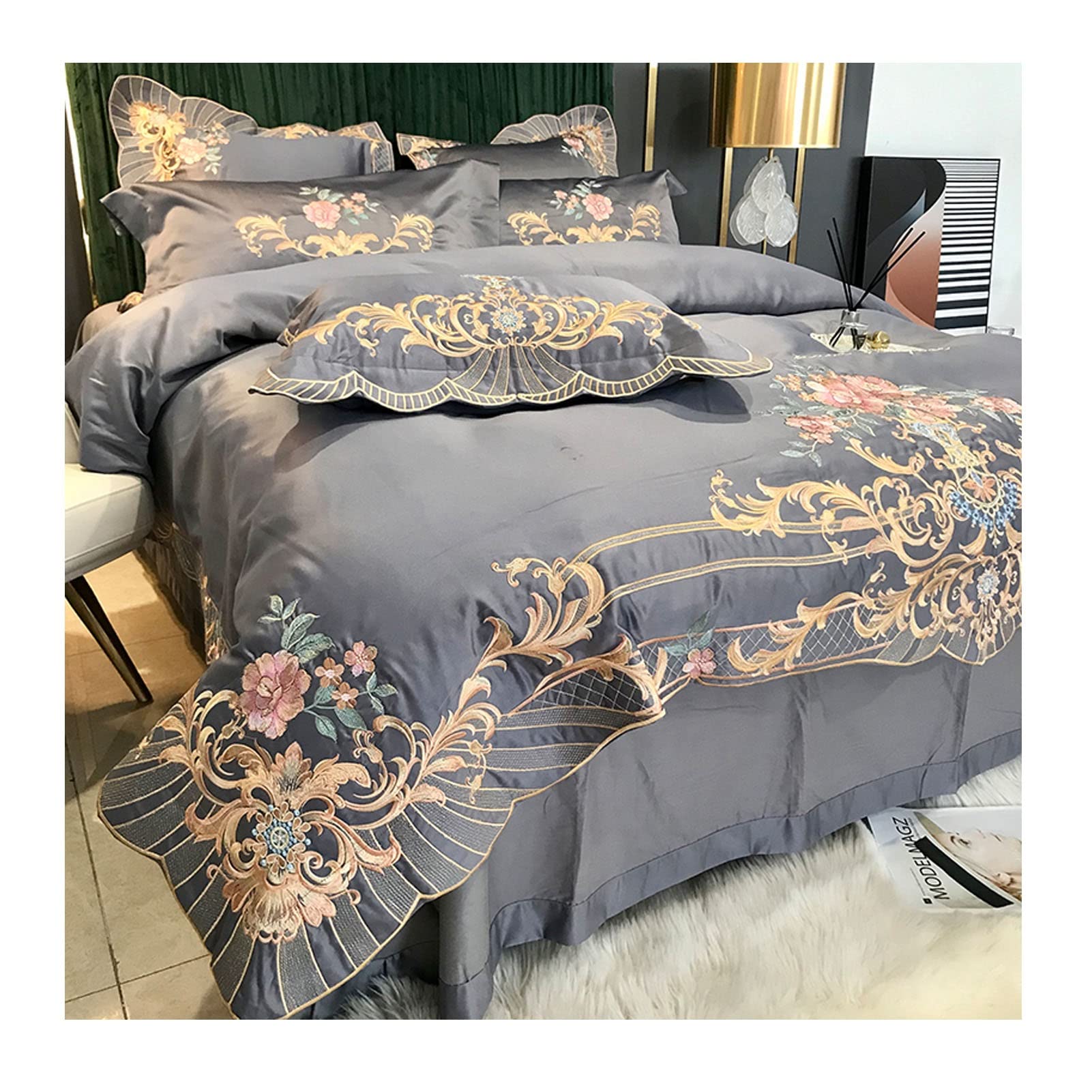 4 Pieces Duvet Cover Set European style light luxury 60S cotton embroidery Bedding Sets 1 Duvet Cover 2 Pillow Shams 1 fitted sheet Twin Double Queen King ( Color : Silver Grey , Size : 200x230cm-180x