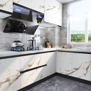 LACHEERY Thick White Marble Contact Paper for Countertops Waterproof Contact Paper Peel and Stick for Cabinets Removable Matte Gold Grey White Marble Wallpaper for Kitchen Bathroom Counter 15.8"x80"