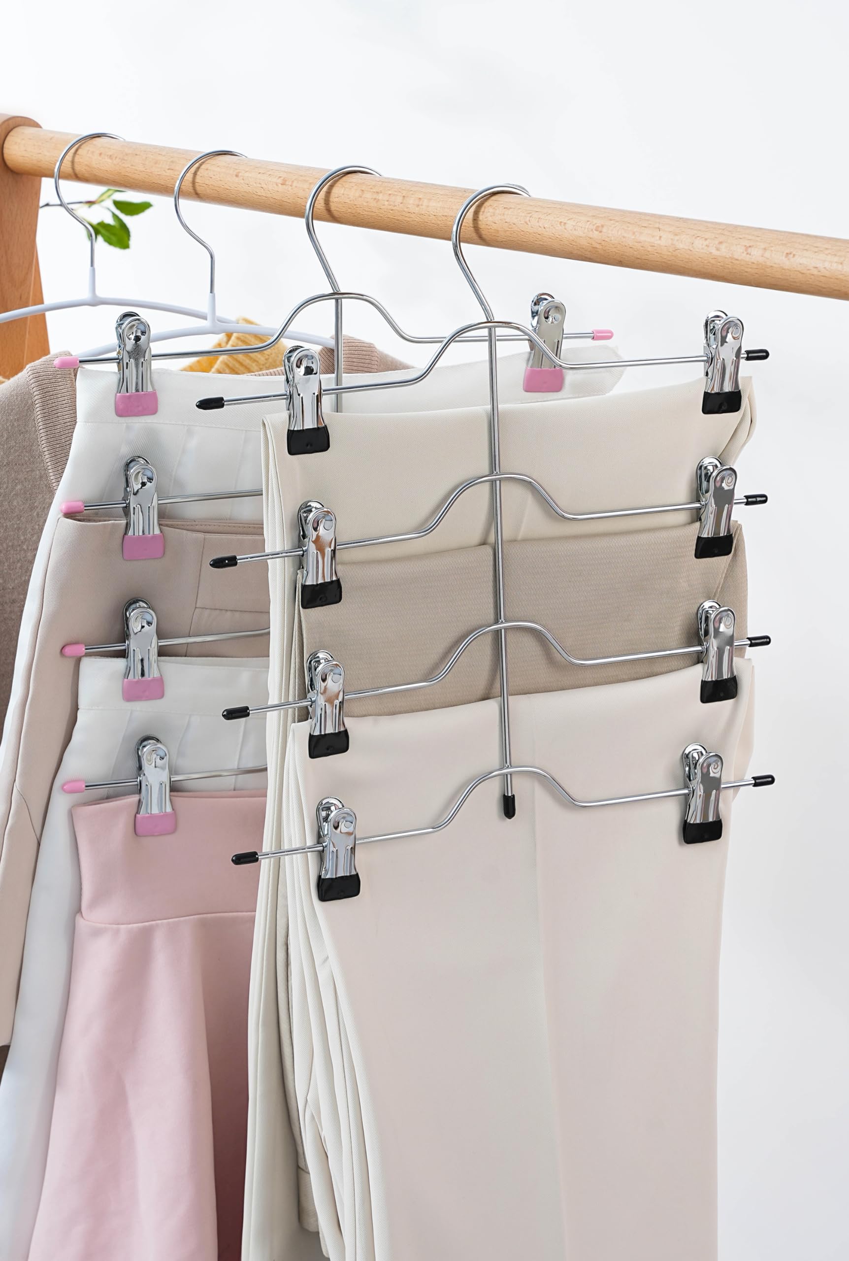 Solid Metal Skirt Hangers 4 Tier Pants Shorts Hangers Space Saving Hangers with Adjustable Clips Non Slip Grip for Slacks, Trousers, Shorts, Jeans, Towels, Pink, (2 Pieces) HL04P