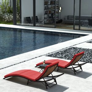 RTDTD 3 Pieces Patio Chaise Lounge Set Outdoor PE Rattan Lounge Chair Adjustable Backrest Reclining Chair with Folding Table and Cushion for Patio Poolside Backyard Porch Beach(Red)